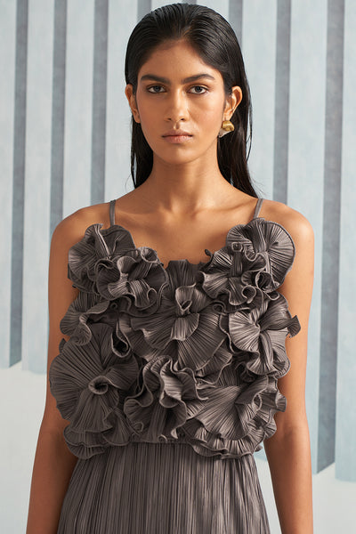 SMOKEY GREY FLOWER RUFFLES GOWN – Pleats By Aruni